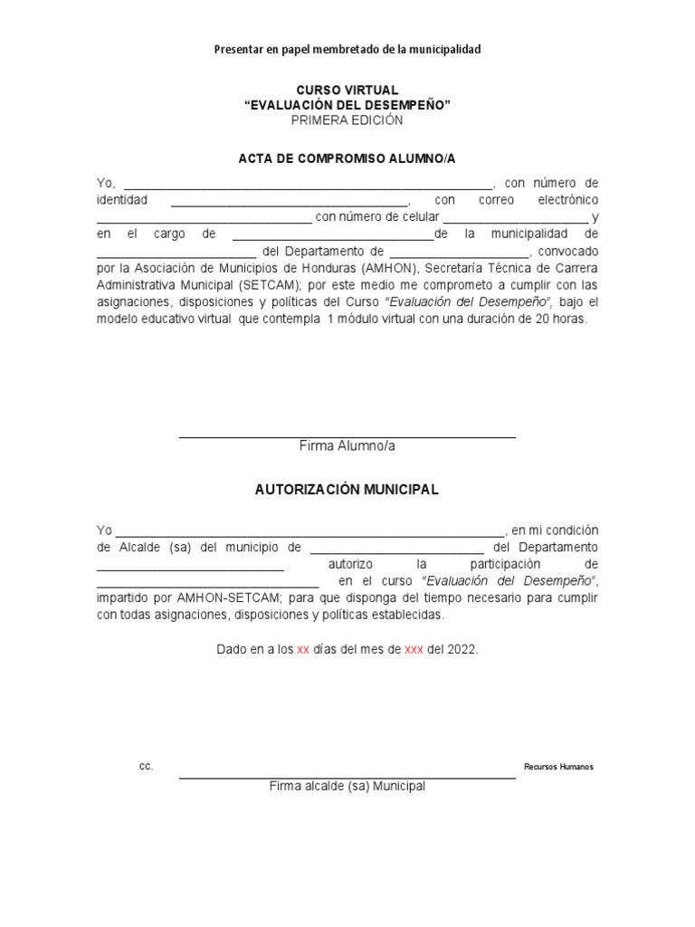 Acta de Compromiso Curso Virtual 2022 | PDF