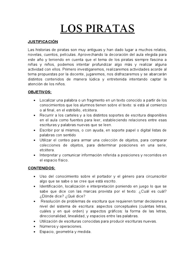 Proyecto Educativo: Los Piratas Infantil | PDF | Salón de clases