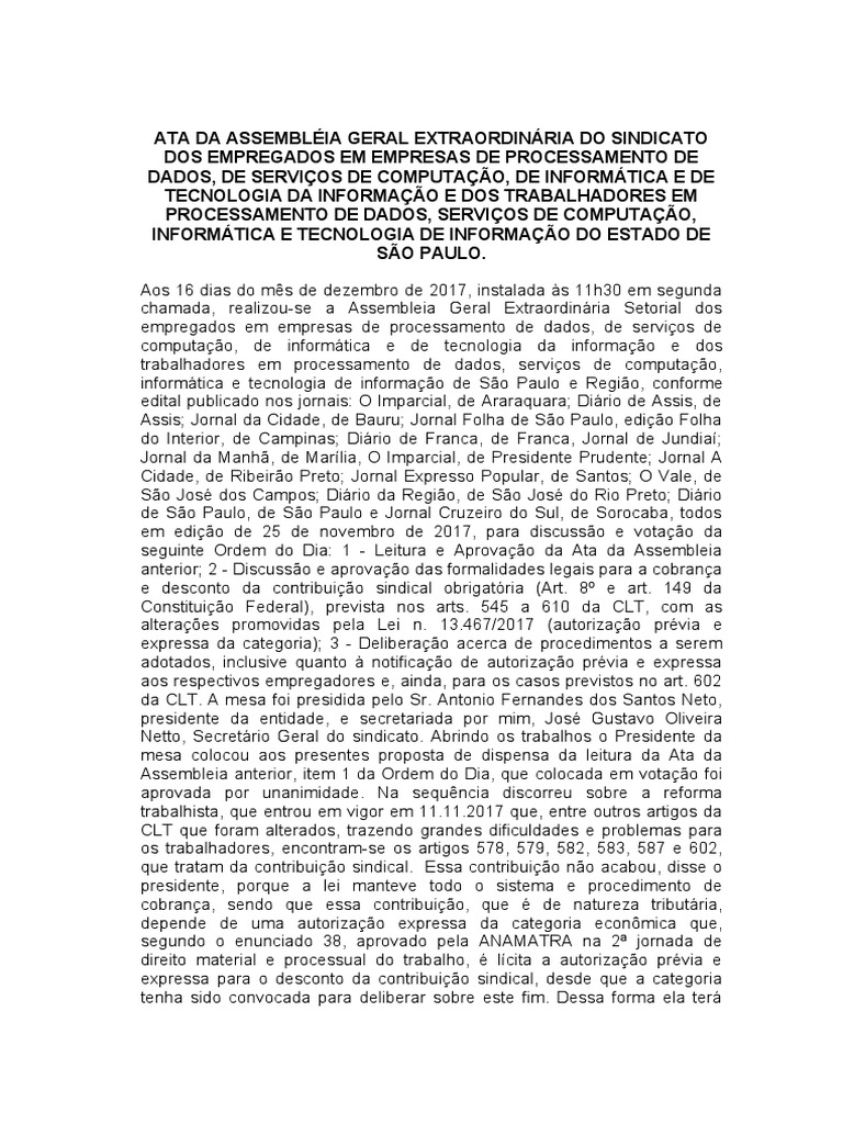 Modelo de Ata de Assembleia | PDF | Sindicato
