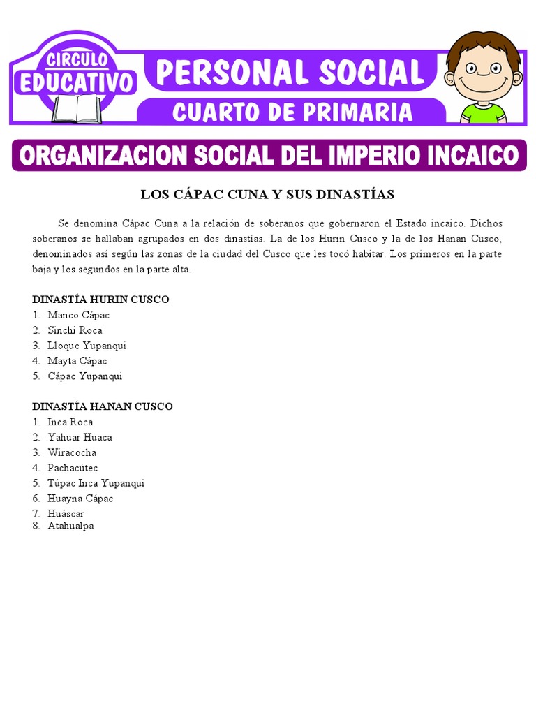Organizacion Social Del Imperio Incaico para Cuarto de Primaria | PDF