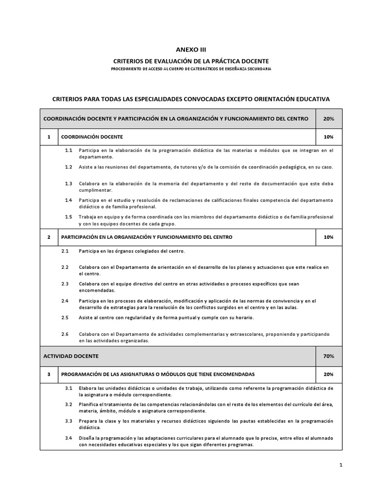 Anexo III CriteriosEvaluaciónPrácticaDocente Acceso 0511 | PDF