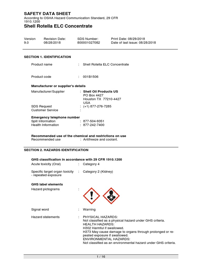 Shell-Rotella-ELC-Concentrate-msds | PDF | Dangerous Goods | Workplace
