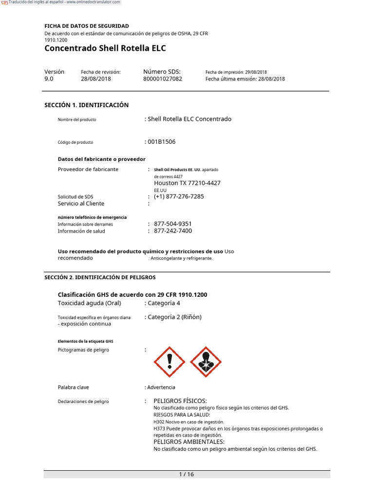 Shell Rotella ELC Concentrate Msds - En.es | PDF