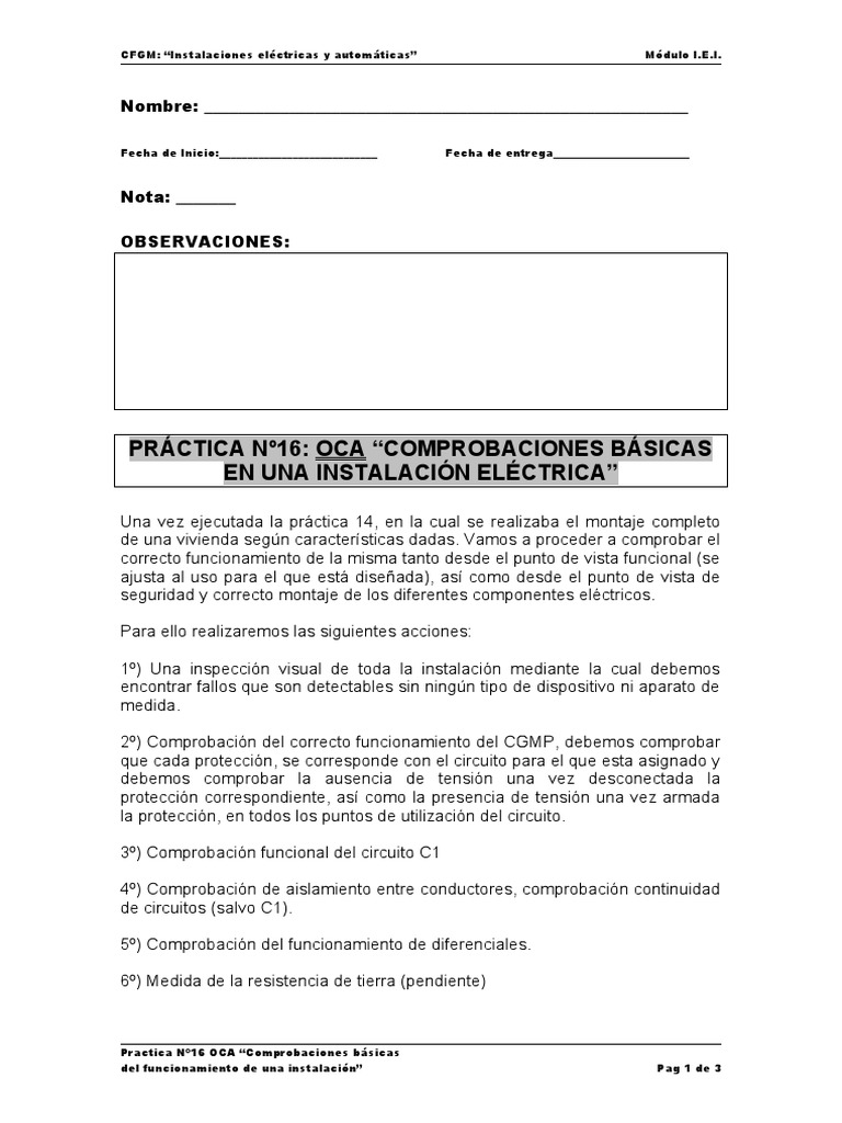 Práctica Nº16 OCA Comprobaciónes Básicas de Funcionamiento de Una Instalación | PDF | Ingenieria ...