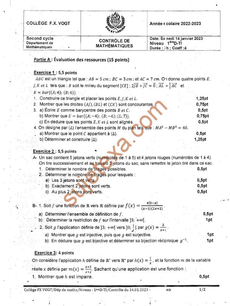 Mathematiques - College Vogt - Controle - PD, Ti - Janvier 2023 Cameroun | PDF