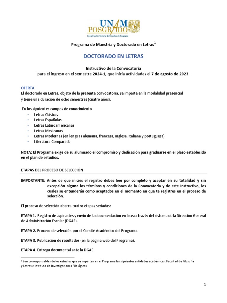 Convocatoria Doctorado en Letras UNAM 2024 | PDF