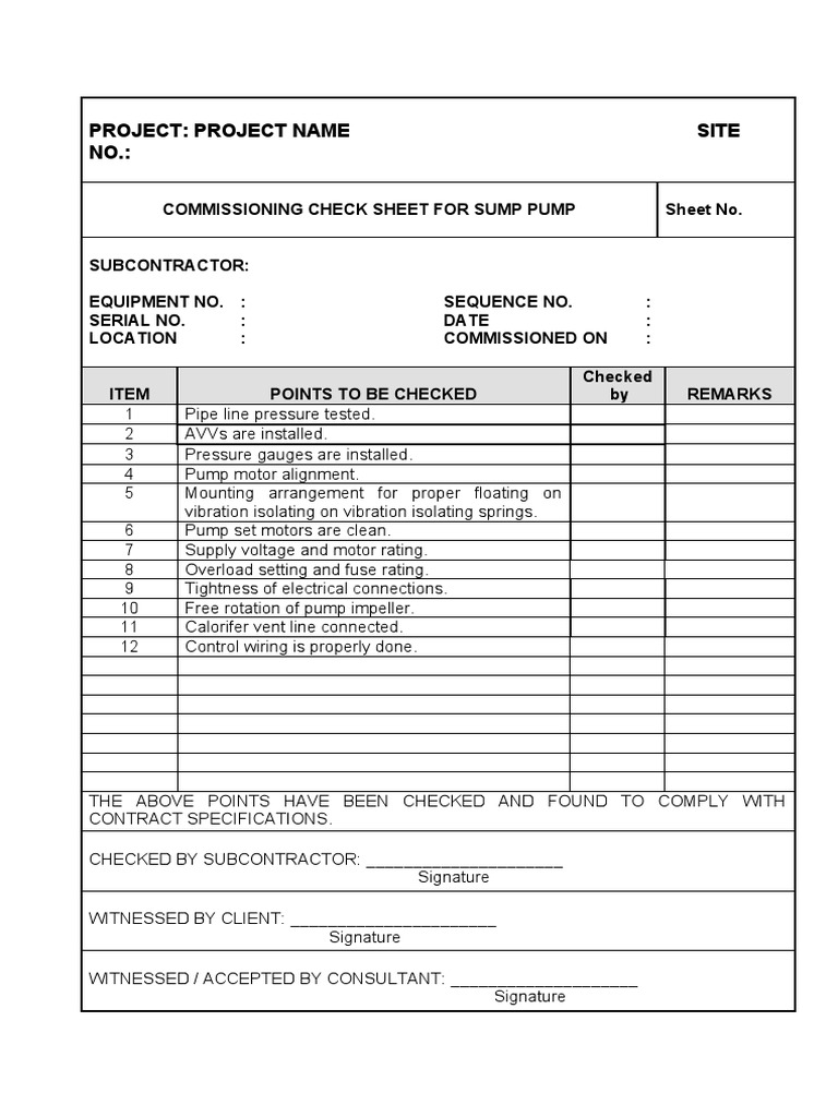 Commissioning Check Sheet For Sump Pump | PDF