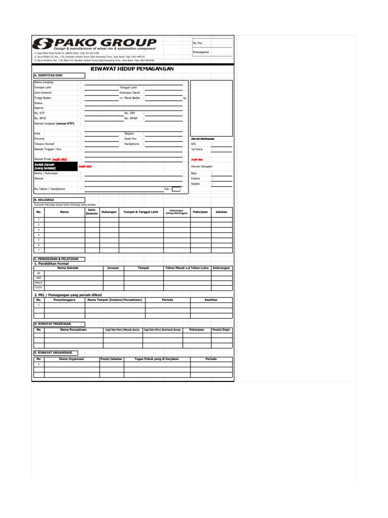 Form RH Pemagangan Pako Group | PDF