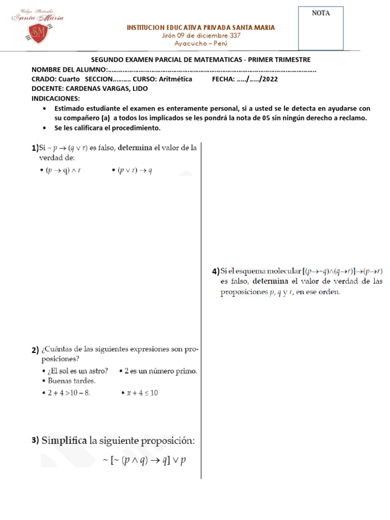 Segndo Examen de Matematicas - Aritmetica 4to Grado | PDF
