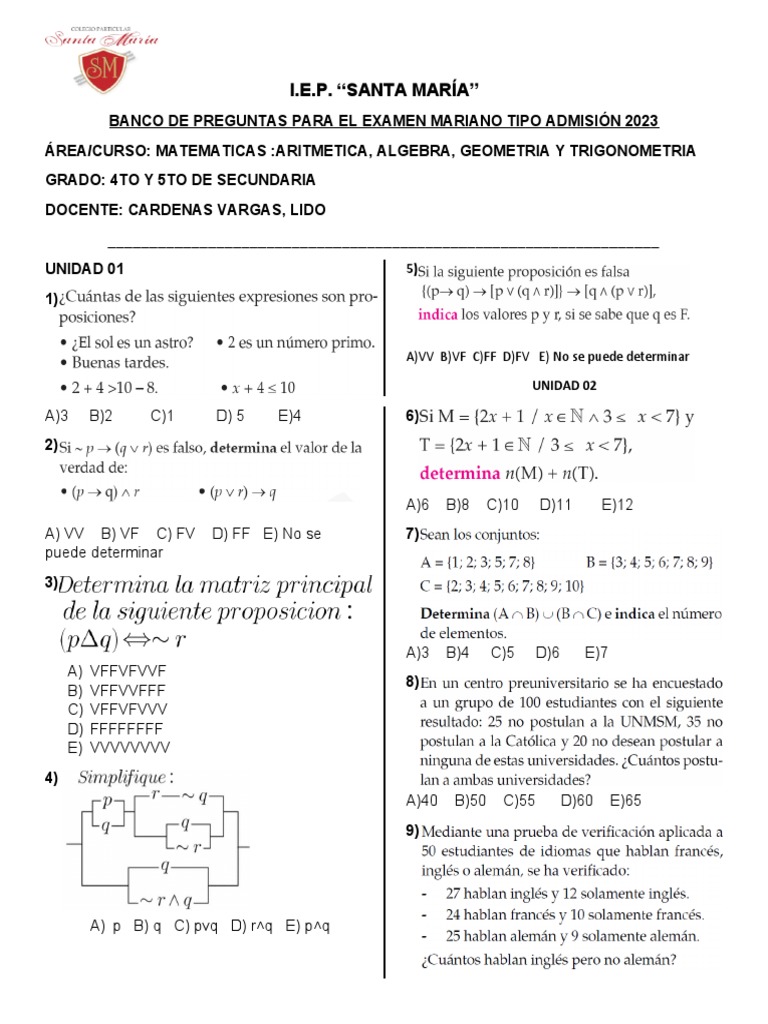 Banco de Preguntas 2023 4to y 5to de Secundaria (Matematicas) | PDF | Matemáticas