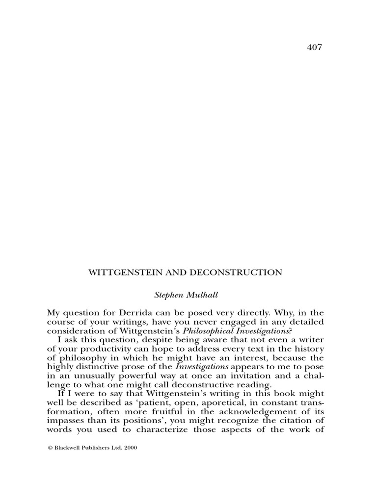 09 Mulhall, Stephen - Wittgenstein and Deconstruction | PDF