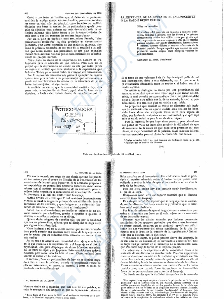 157 LACAN 1957 La Instancia de La Letra en El Inconsciente o La Razon ...