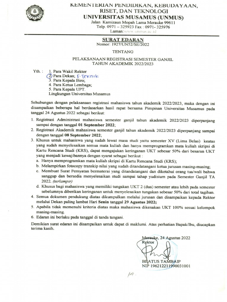 1927 Surat Edaran Pelaksanaan Registrasi Semester Ganjil Tahun Akademik 2022 | PDF