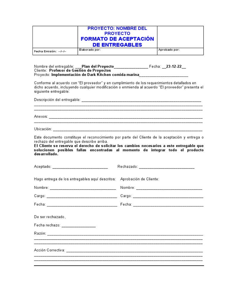 Semana 10 - Word - Formato de Aceptacion de Entregables | PDF