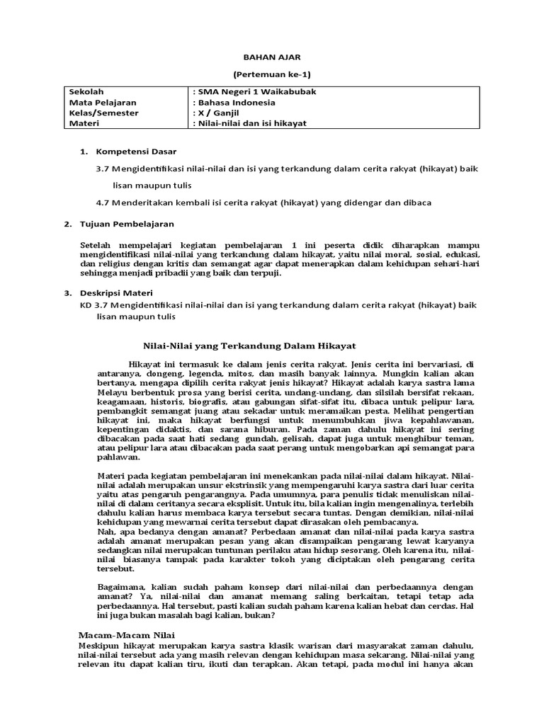 Bahan Ajar Kelas X KD 3.7 Nilai-Nilai Dan Isi Hikayat | PDF