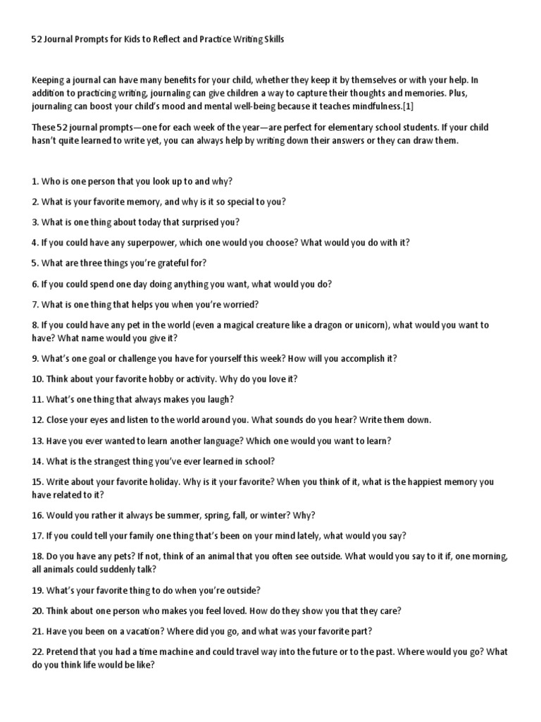 52 Journal Prompts For Kids To Reflect and Practice Writing Skills | PDF