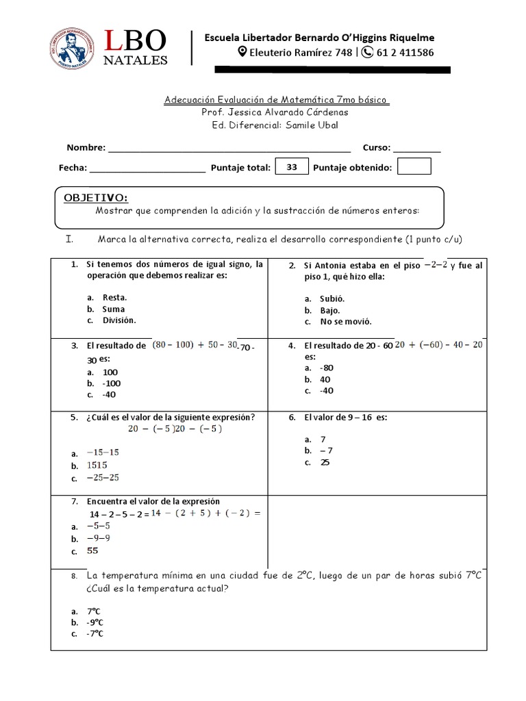 Evaluación de Matemática 7mo Básico | PDF | Sustracción