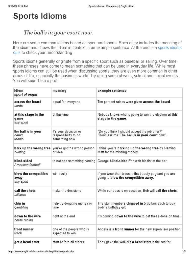 Sports Idioms - Vocabulary - EnglishClub | PDF