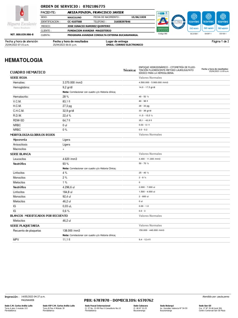 Hematologia: Cuadro Hematico | PDF