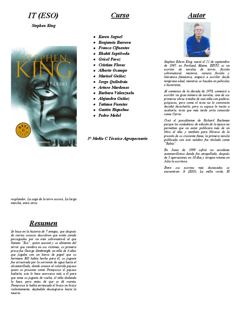 It (Eso) : Curso Autor | PDF | Stephen King