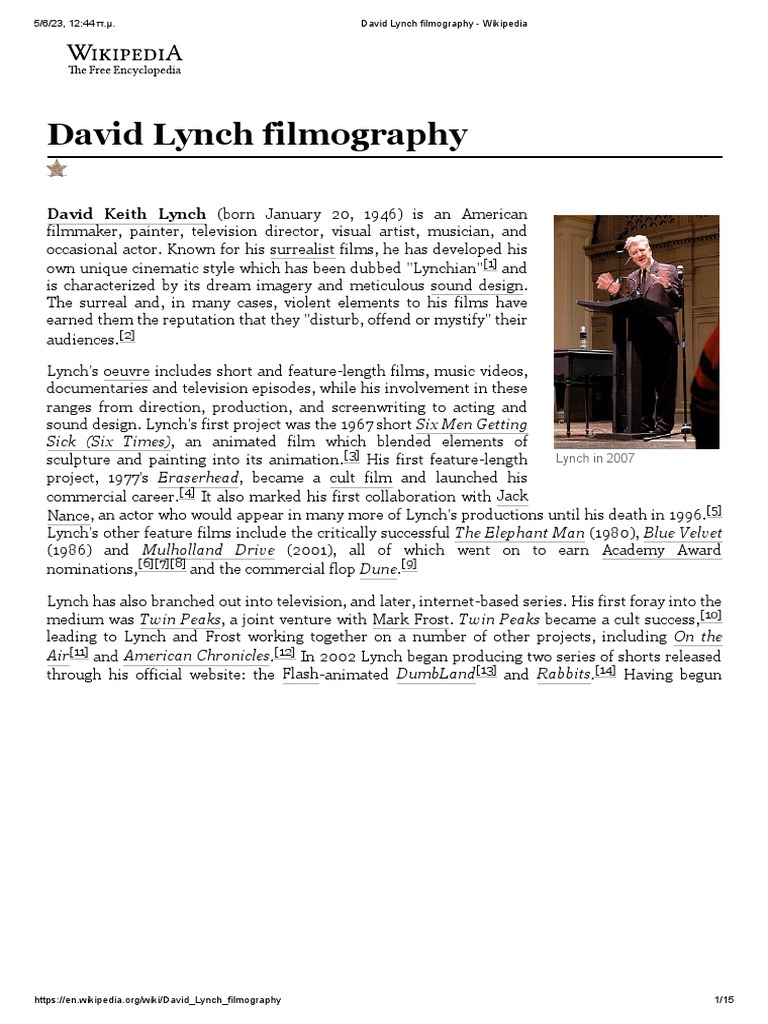David Lynch filmography - Wikipedia | PDF