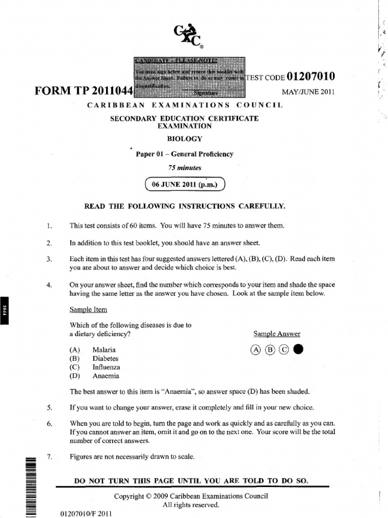 CSEC Biology June 2011 P1 | PDF