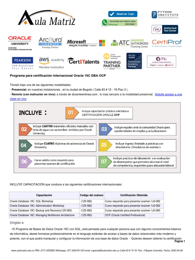 Capacitacion Programa para Certificación Internacional Oracle 19C DBA ...
