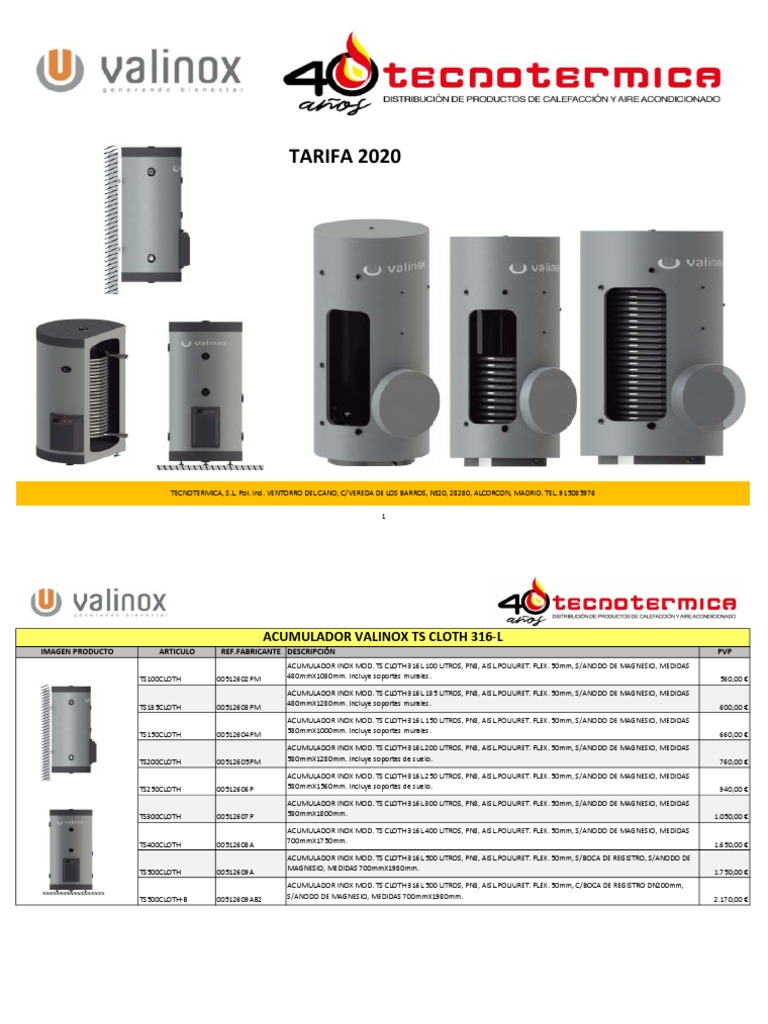 Valinox Tarifa Tecnotermica 2020 | PDF