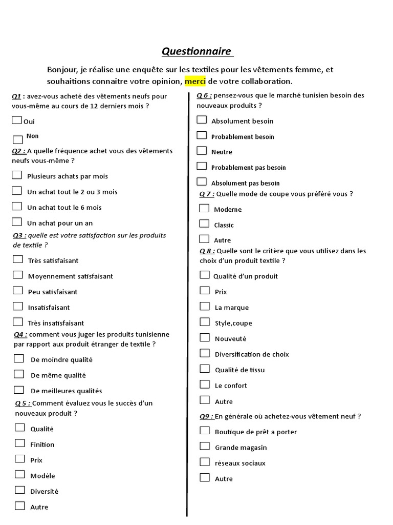 Questionnaire sur les textiles féminins | PDF