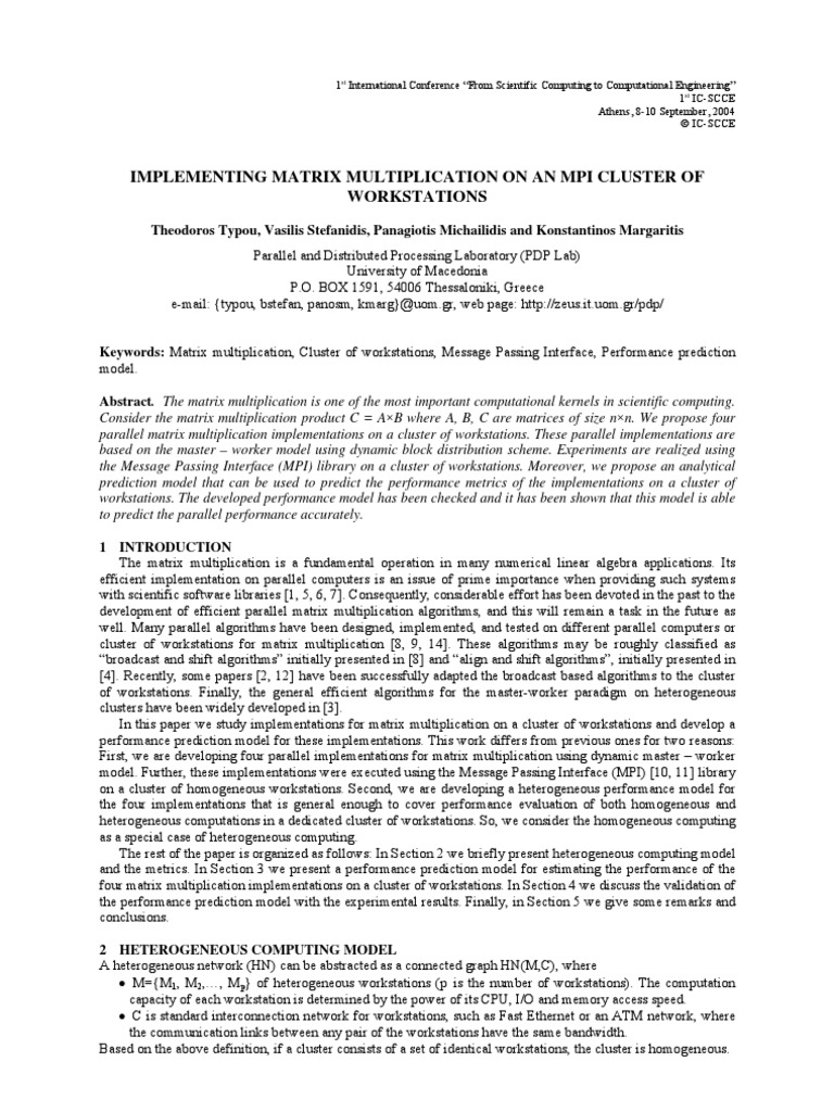 Implementing Matrix Multiplication On An Mpi Cluster Of Workstations Pdf Computer Cluster