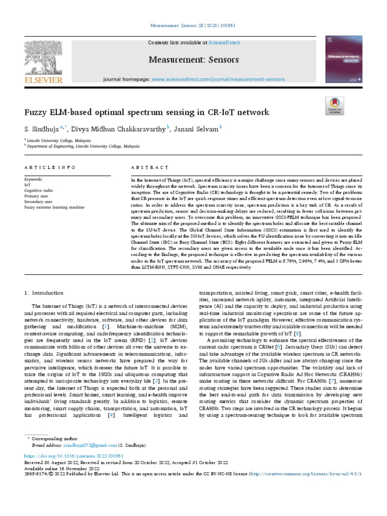 Fuzzy ELM Based Optimal Spectrum Sensing in CR IoT Ne - 2023 - Measurement Sens | PDF