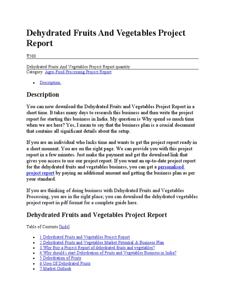 Dehydrated Fruits and Vegetables Project Report | PDF