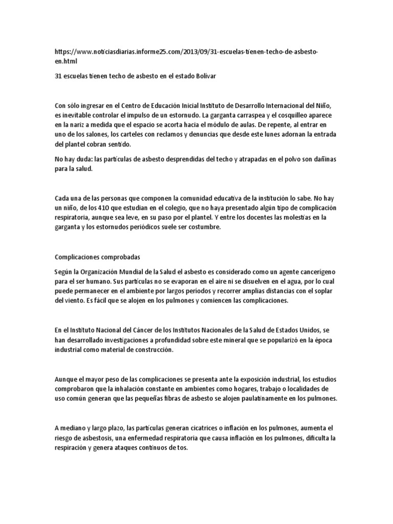 Techo De Asbesto Escuelas Ensallos Pdf Amianto Cáncer De Pulmón