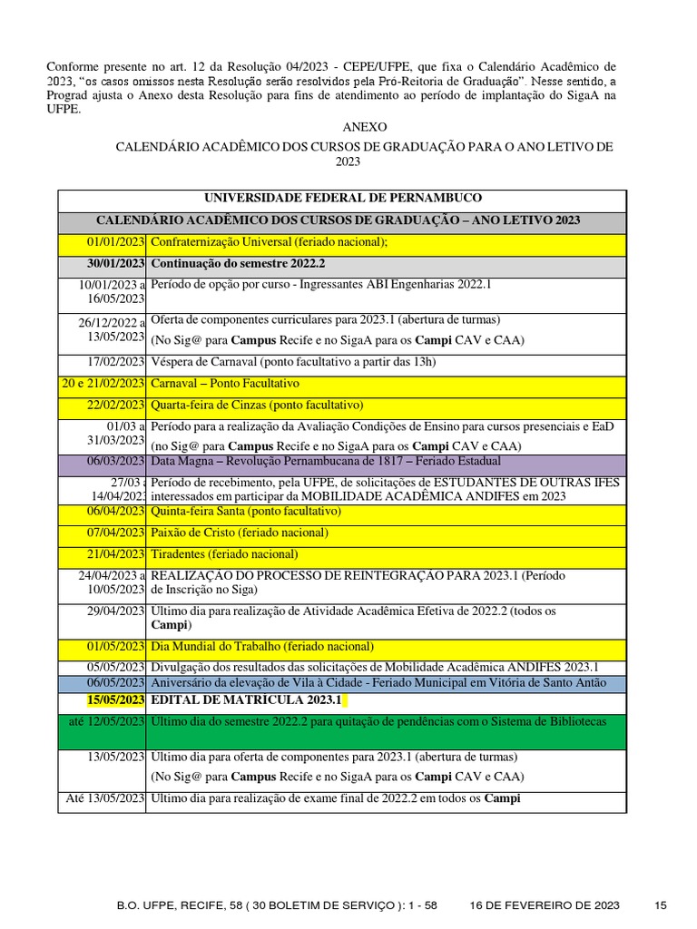 Calendario 2023 - Ufpe - Ajustado em 26 05 2023 | PDF