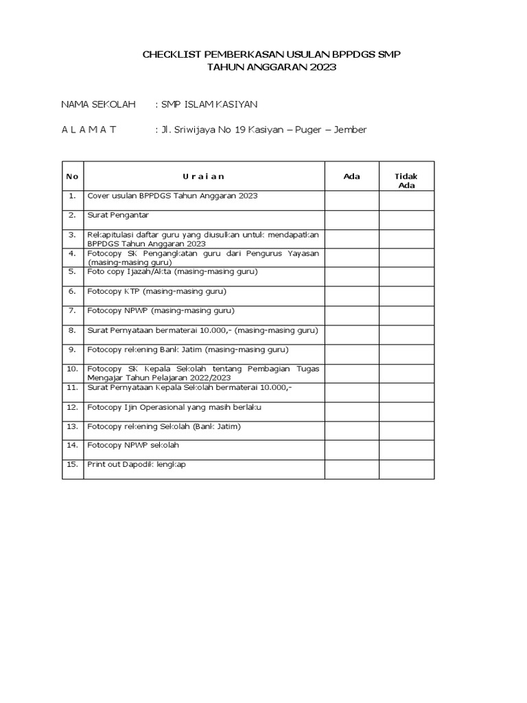 Checklist Berkas Usulan BPPDGS 2023 | PDF