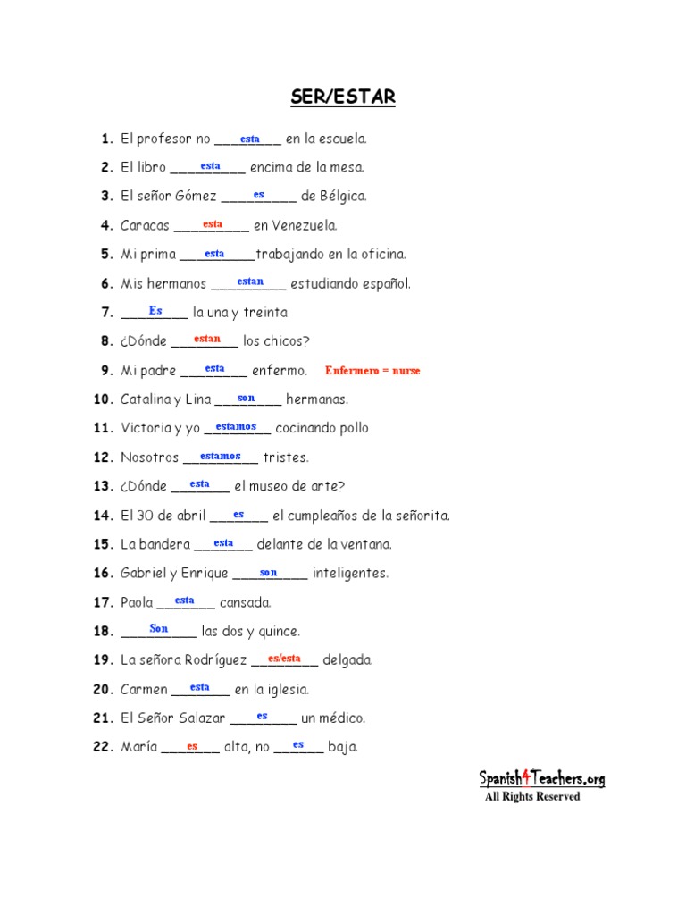Spanish Ser Estar Worksheet | PDF