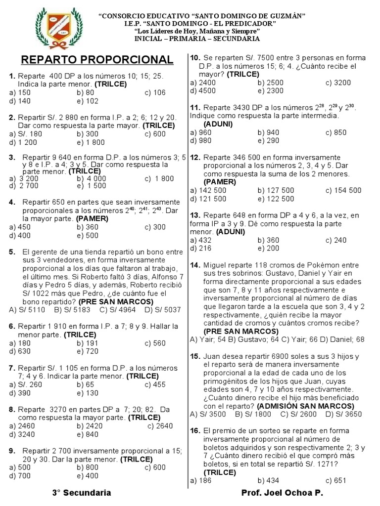 Reparto Proporcional - Ejercicios 3ro Sec | PDF