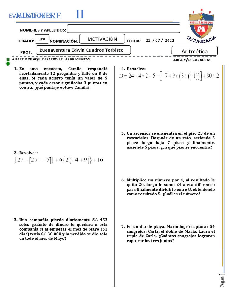 Examen Bimestral II 1ro de Secundaria Motivación | PDF