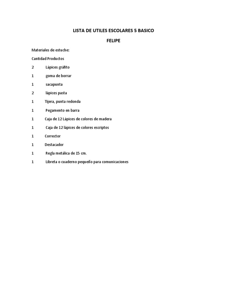 Lista de Utiles Felipe 2023 | PDF