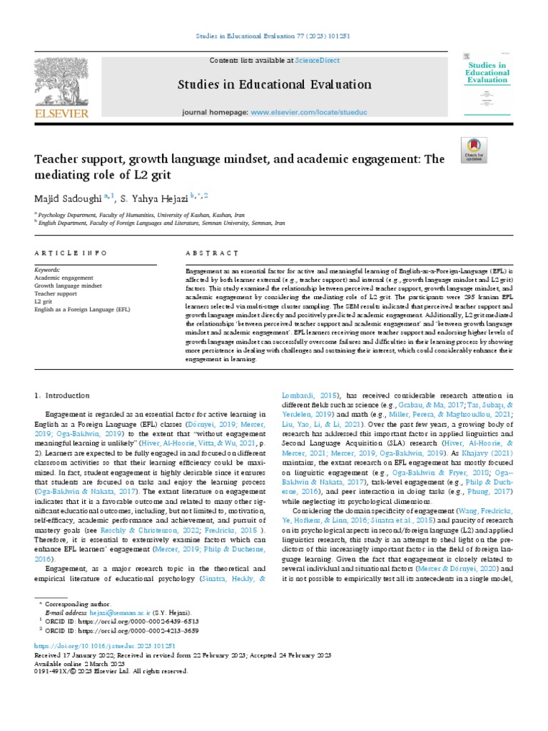 Teacher Support, Growth Language Mindset, and Academic Engagement | PDF ...