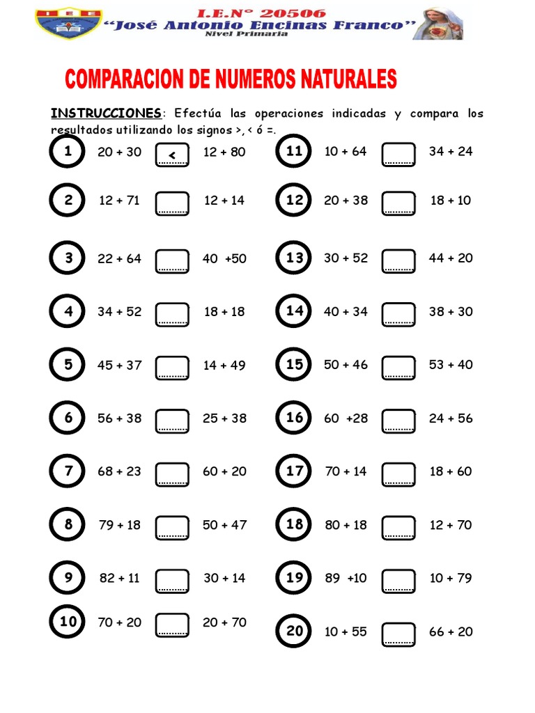 Comparacion de Numeros Naturales para Primer Grado de Primaria | PDF