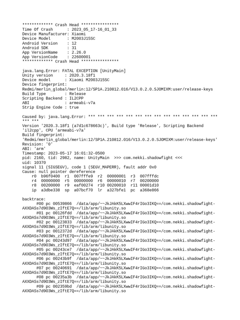 Unity Crash Report for Xiaomi Device | PDF