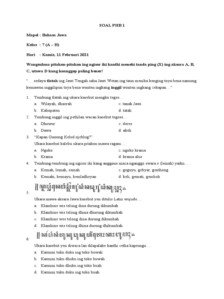 SOAL PHB 1 B.jawa 7 | PDF