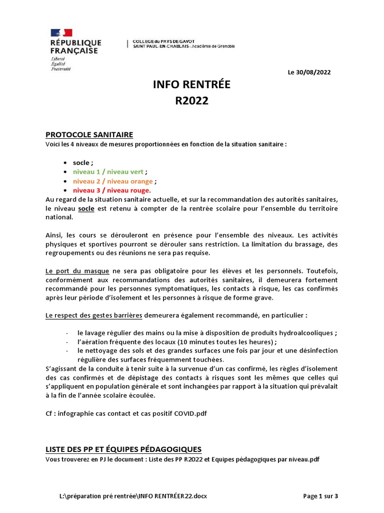Rentrée 2022 : Protocole et Infos clés | PDF
