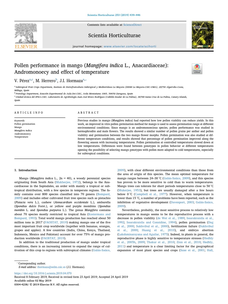 Pollen Performance in Mango (Mangifera Indica L., Anacardiaceae) - Andromonoecy and Effect of ...
