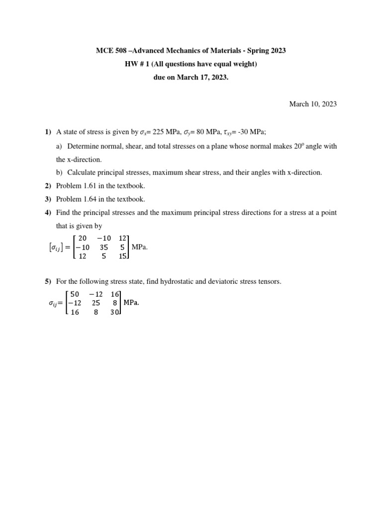 Advanced Mechanics of Materials Questions#1 | PDF