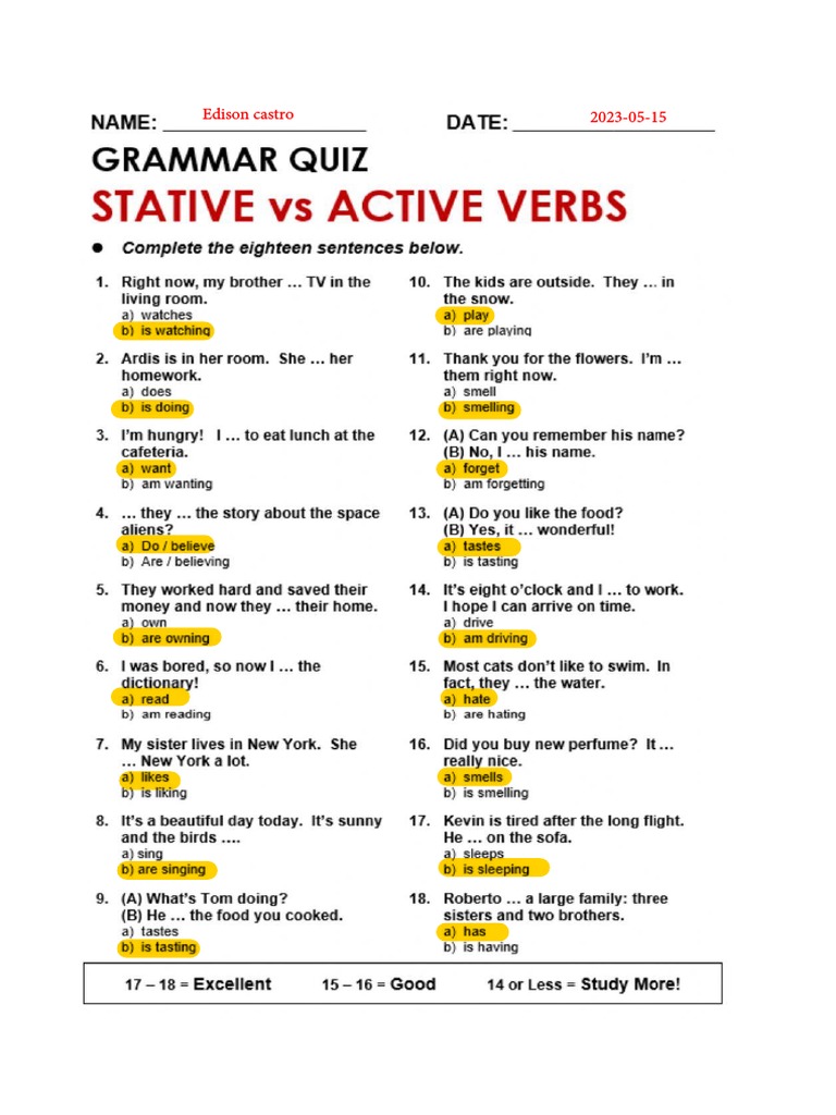 Stative and Dynamic Verbs Task | PDF