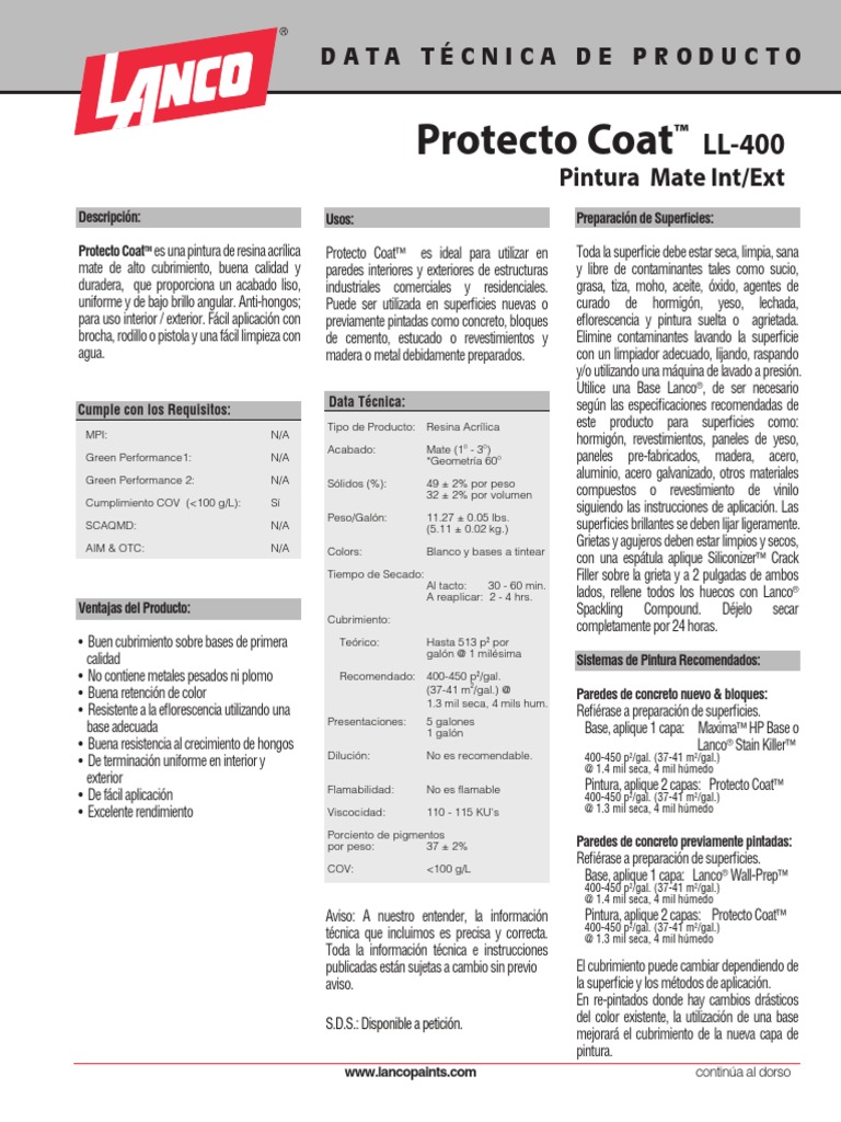 Protecto Coat Int Ext Flat LL400 TDS ESP | PDF | Pintar | Hormigón