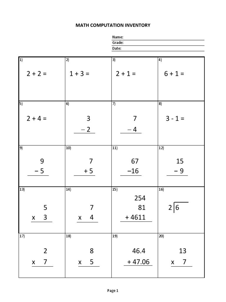 Math Computation Inventory With Answer Sheet 1 | PDF