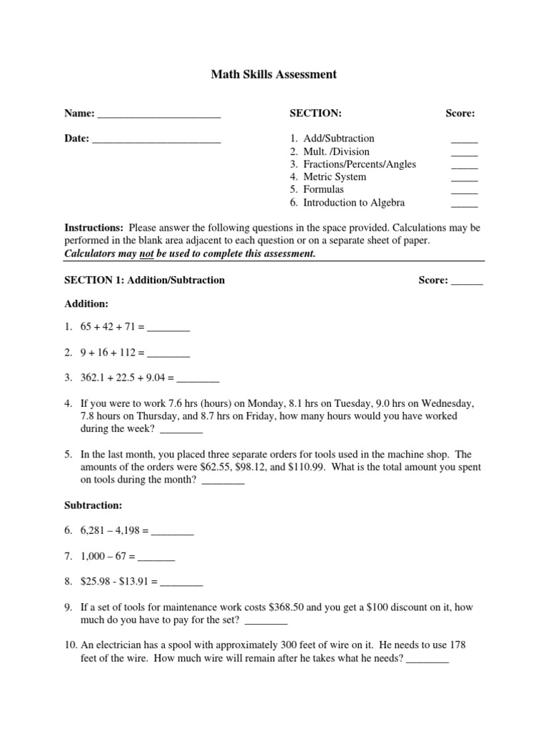 Math Skills Assessment | PDF | Elementary Mathematics | Notation